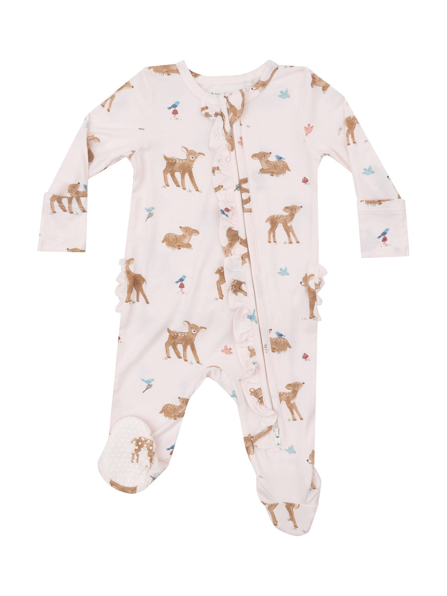 2 Way Ruffle Zipper Footie- Soft Deer | Posh Tots Children's Boutique